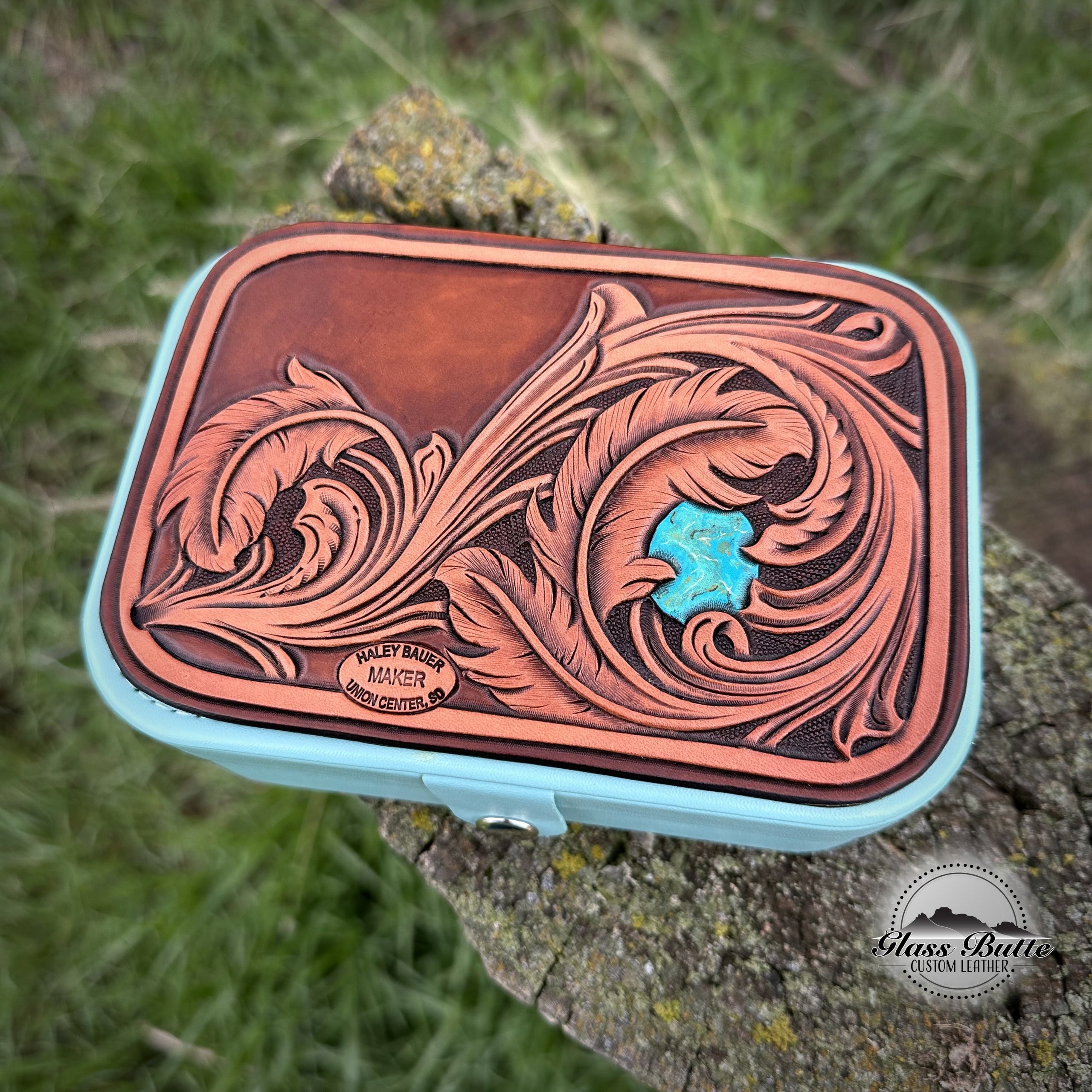 Tooled Jewelry Box - Turq. Stone Feather | Glass Butte Custom Leather